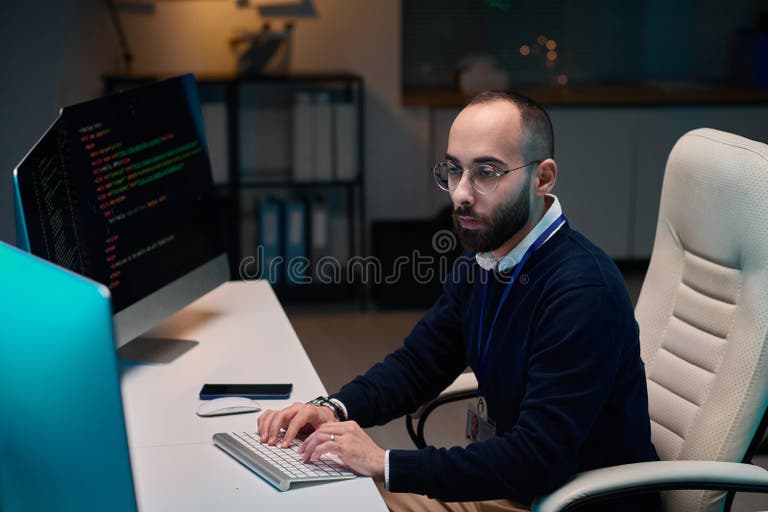 Bearded Man Coding stock image. Image of monitor, formal - 328689741