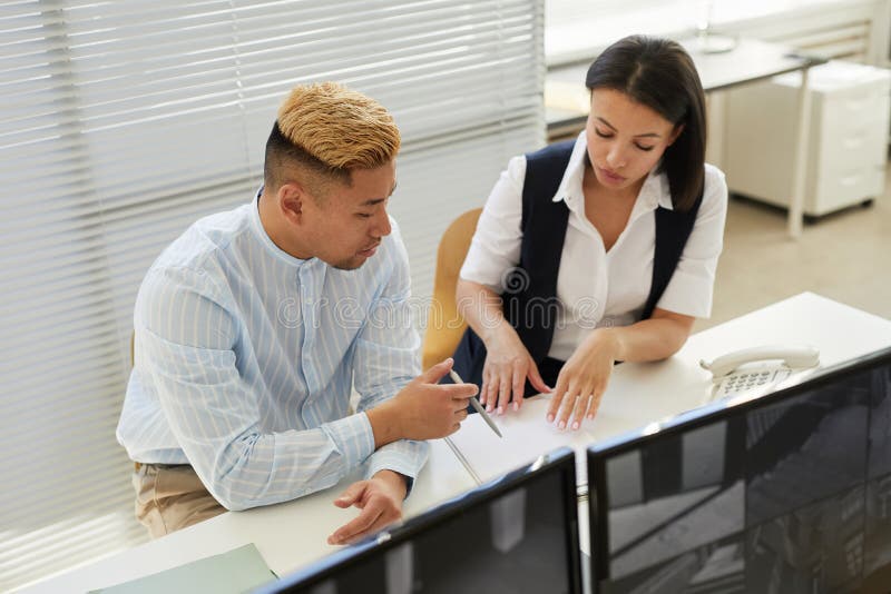 High Angle Two People Working in Data Security Office Stock Photo ...