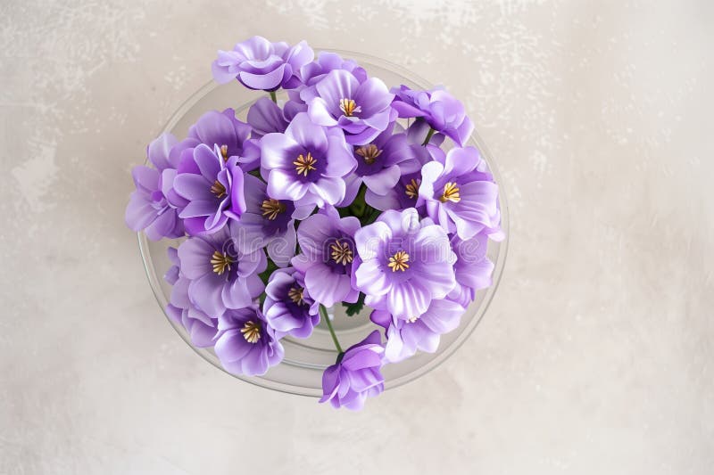 High Angle of Purple Plastic Flowers in a Round Plastic Vase Stock ...