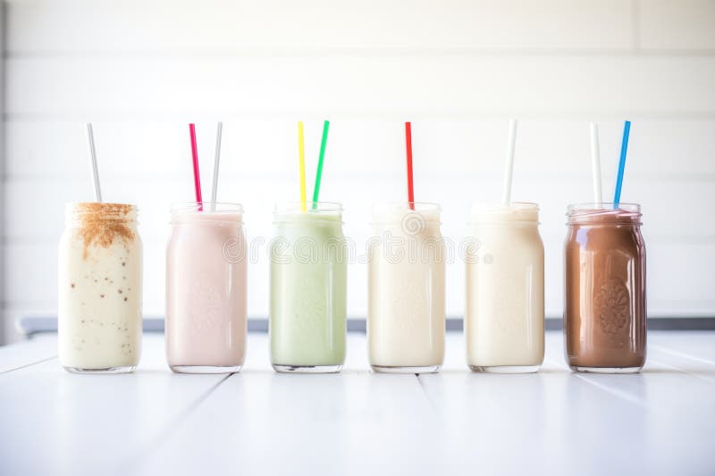 High Angle of a Row of Milkshakes, Various Flavors, Consistent Styling ...