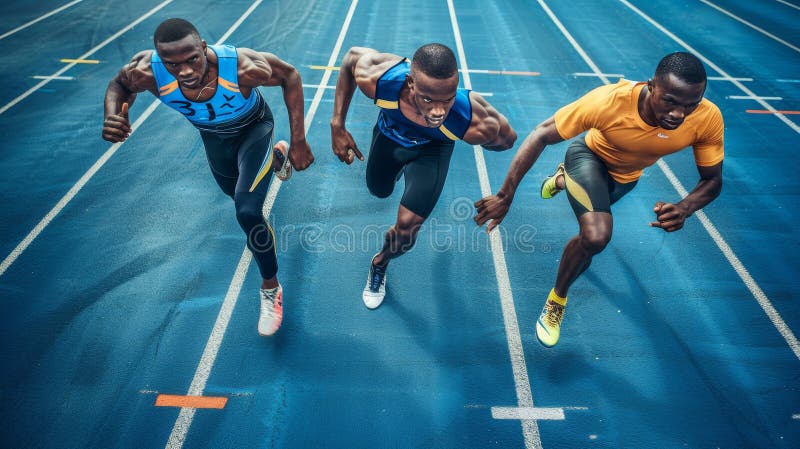 High Angle Shot of Athletes Running on Stadium Track in a Competitive ...