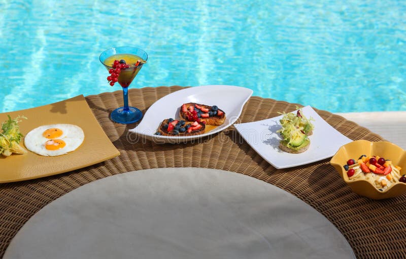 High Angle Shot of a Breakfast Table by the Pool. Stock Image - Image ...