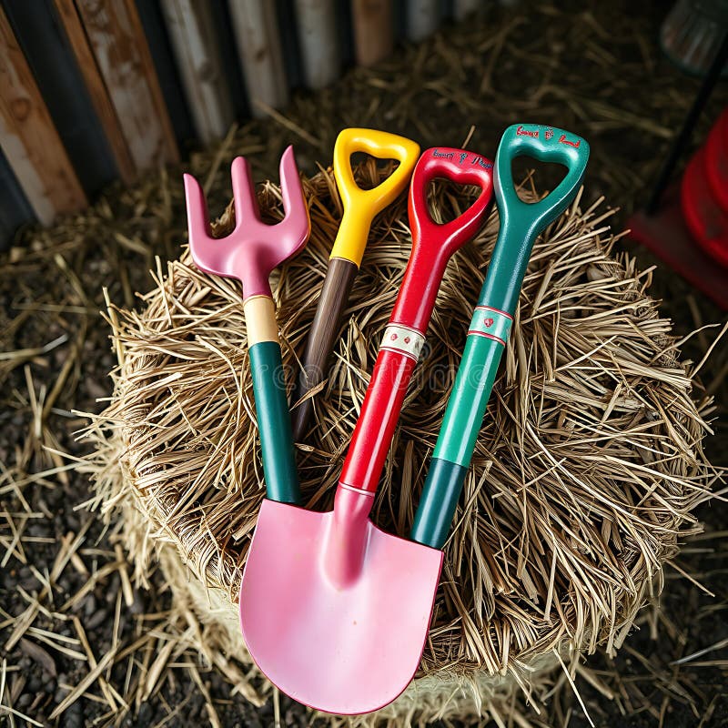 High Angle Shot of Brightly Painted Garden Tools Resting on a Stack of ...