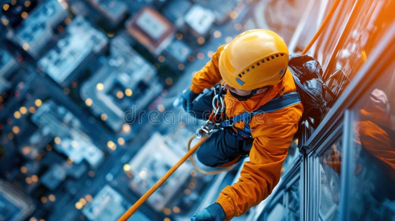 A High-angle Shot Captures a Construction Worker Rappelling Down a ...