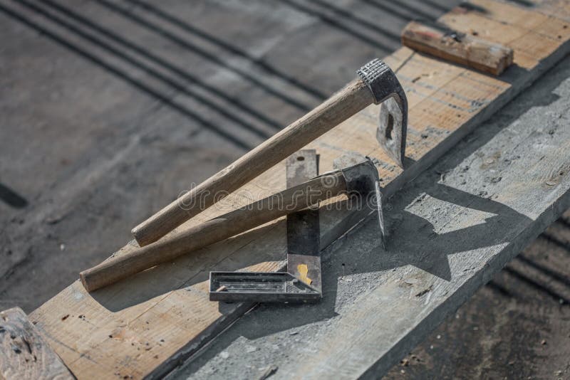 High Angle Shot of Carpenter Instruments at the Construction Sit Stock ...