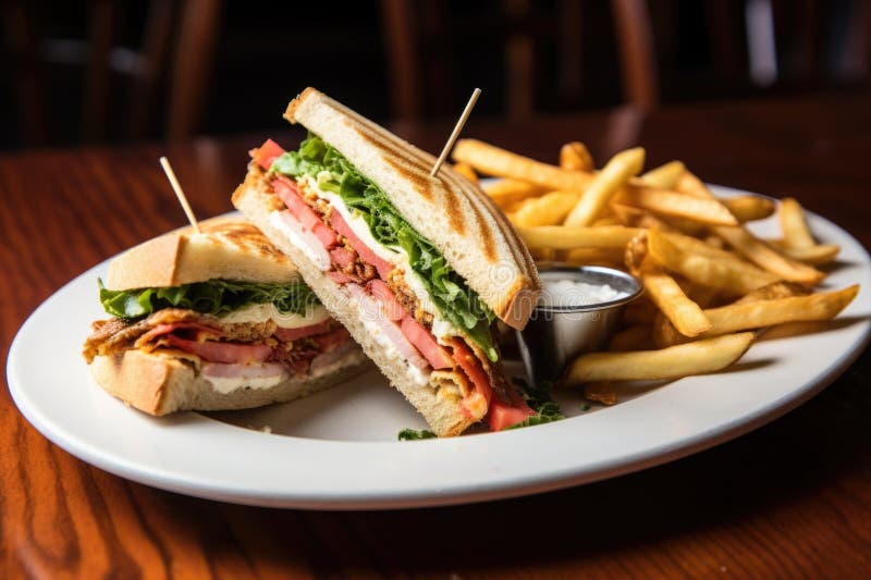 High Angle Shot of a Club Sandwich with a Side of Fries Stock Photo ...