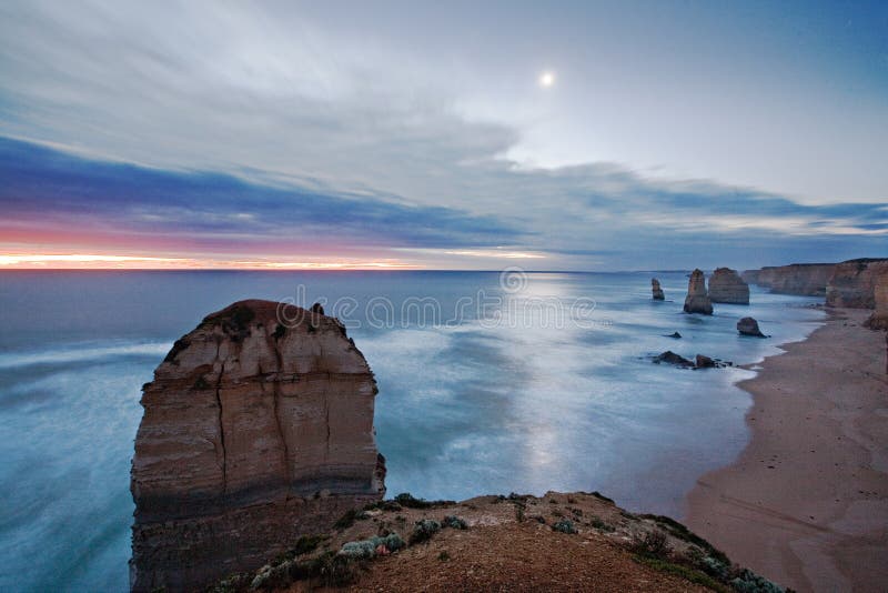 High Angle Shot of a Coast with Sea Stacks and a Colorful Sunset in the ...