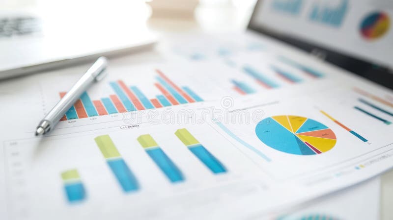 High Angle Shot of a Consumer Survey Quality Document with Pie Charts ...