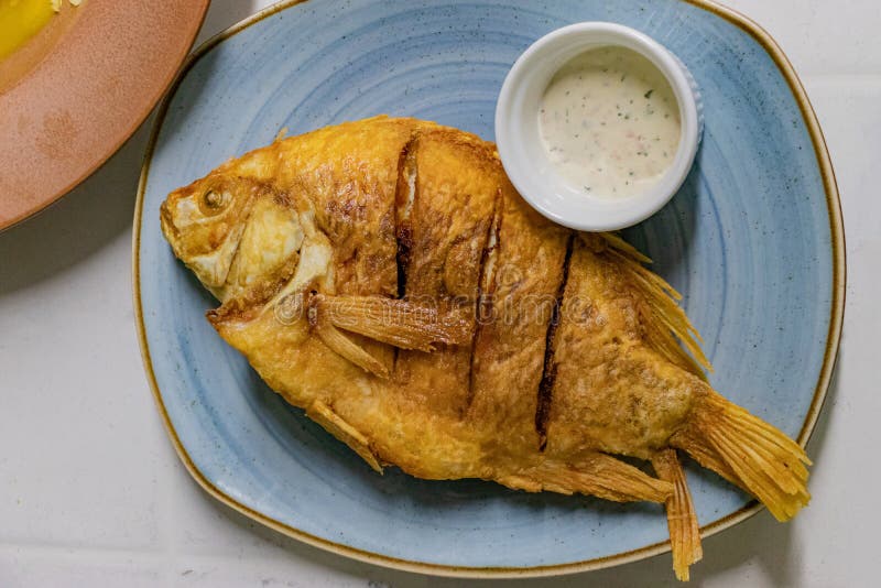 High Angle Shot of a Cooked Fish Plate Stock Photo - Image of salmon ...