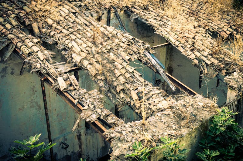 High Angle Shot of a Destroyed Rooftop Stock Image - Image of roof ...