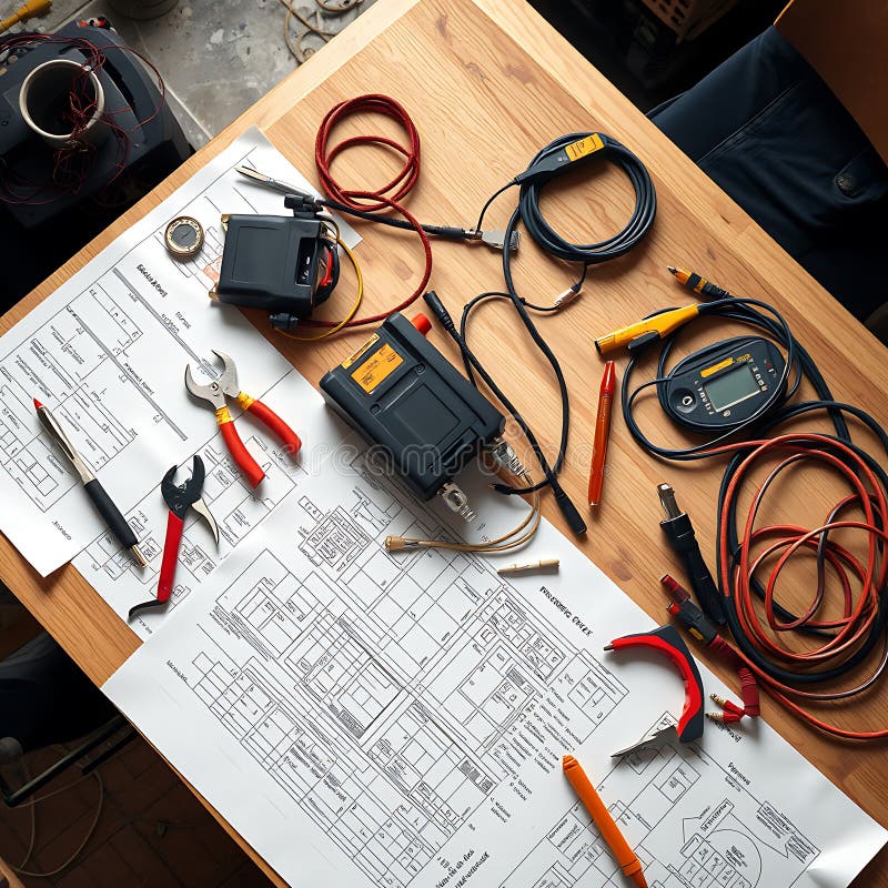High Angle Shot of an Electricians Table with Blueprints Tools and ...