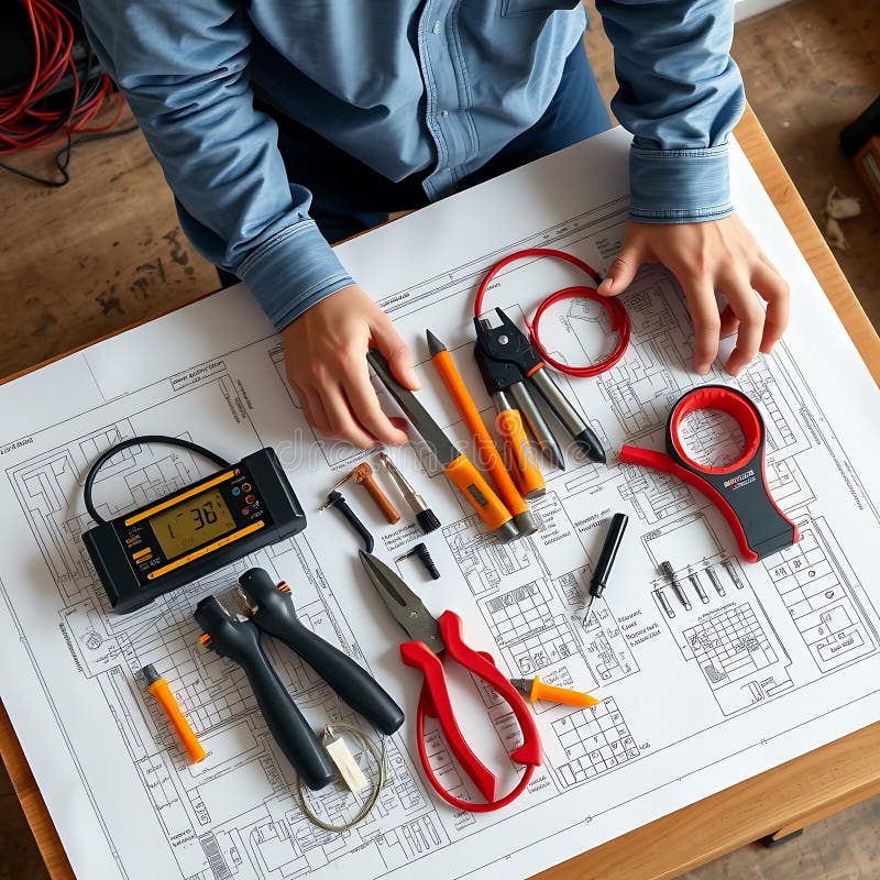 High Angle Shot of an Electricians Table with Blueprints Tools and ...