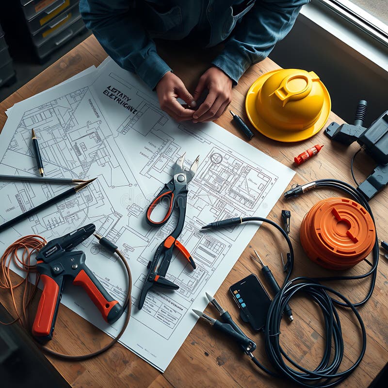 High Angle Shot of an Electricians Table with Blueprints Tools and ...
