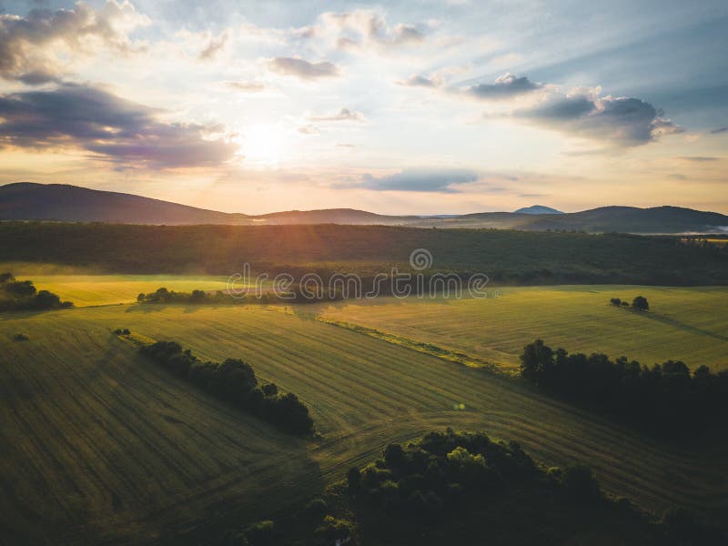 High Angle Shot of Fields, Forests, and Hills Stock Photo - Image of ...