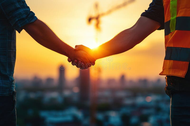 Teamwork Sunset Construction Workers Partnership Success Symbolizing ...