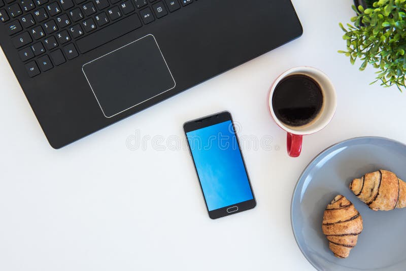 High Angle Shot of Items on a Table at an Office Workstation Stock ...