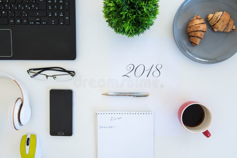 High Angle Shot of Items on a Table at an Office Workstation Stock ...