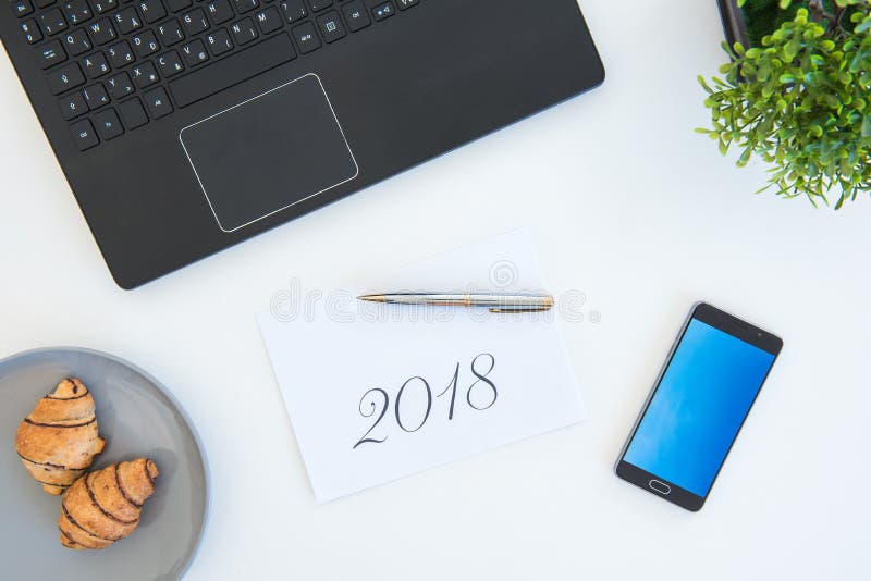 High Angle Shot of Items on a Table at an Office Workstation Stock ...