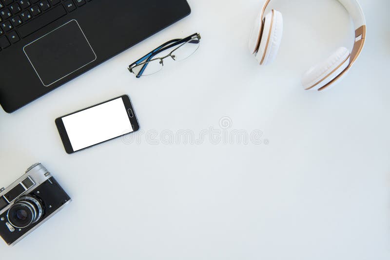 High Angle Shot of Items on a Table at an Office Workstation Stock ...