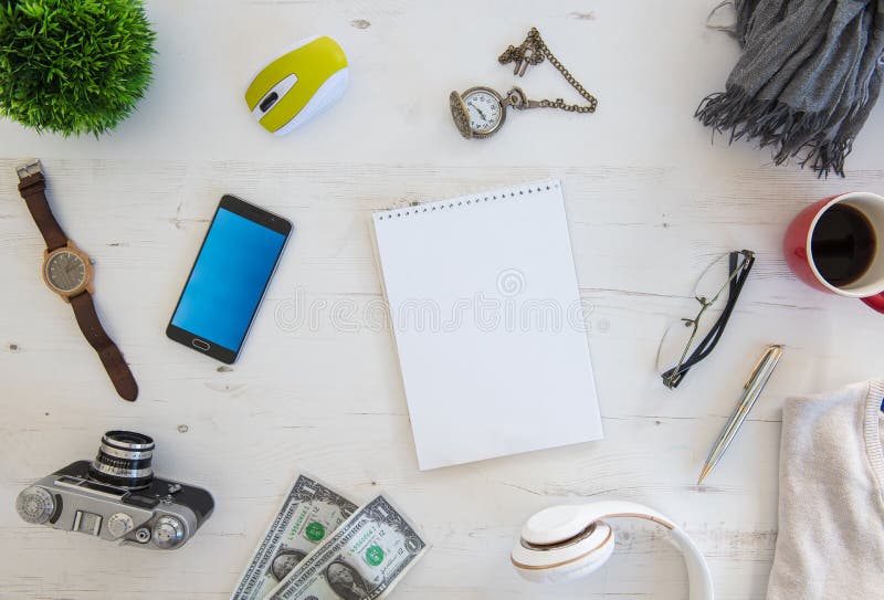 High Angle Shot of Items on a Table at an Office Workstation Stock ...
