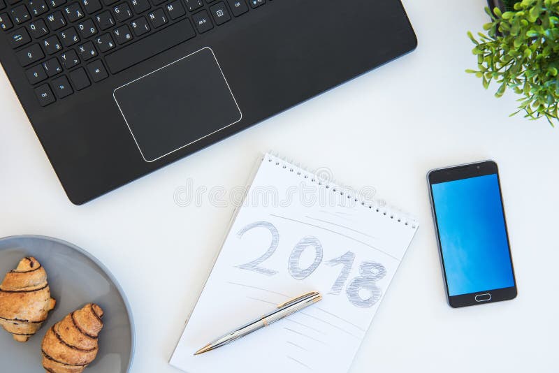 High Angle Shot of Items on a Table at an Office Workstation Stock ...