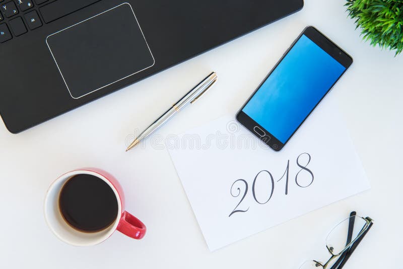 High Angle Shot of Items on a Table at an Office Workstation Stock ...