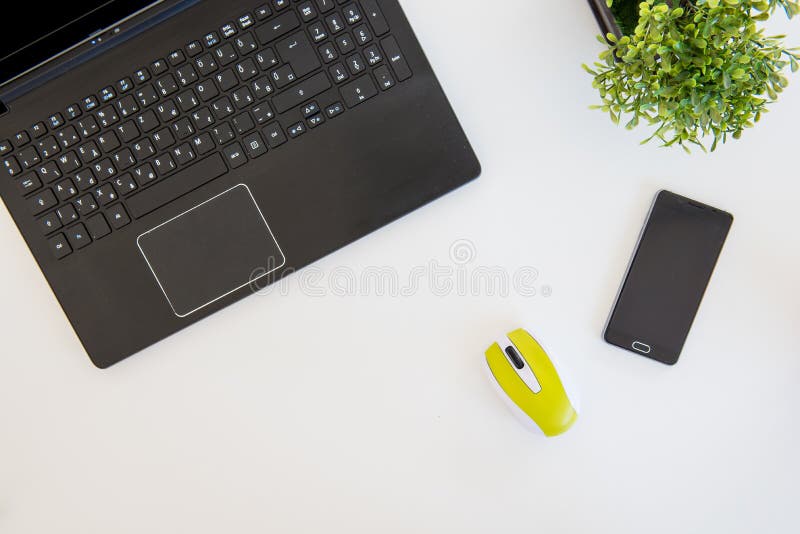 High Angle Shot of Items on a Table at an Office Workstation Stock ...