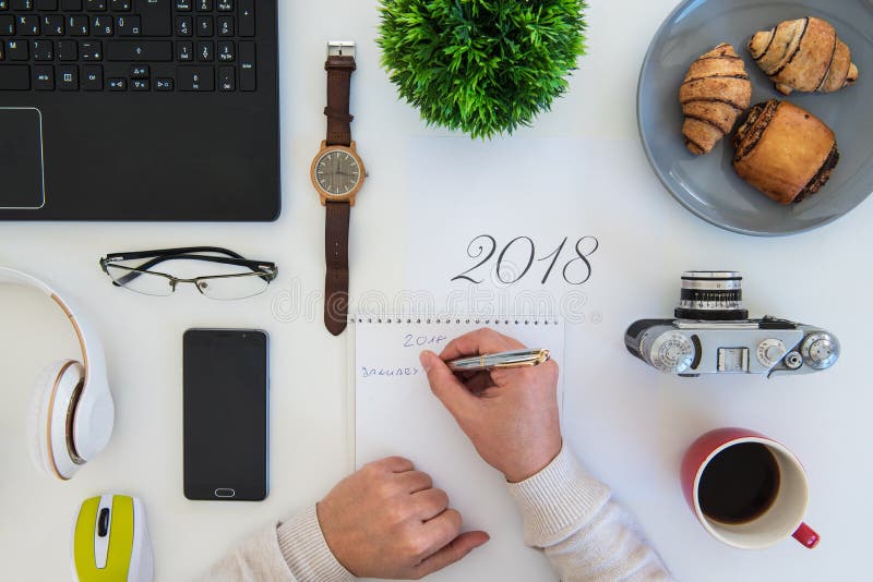 High Angle Shot of Items on a Table at an Office Workstation Stock ...
