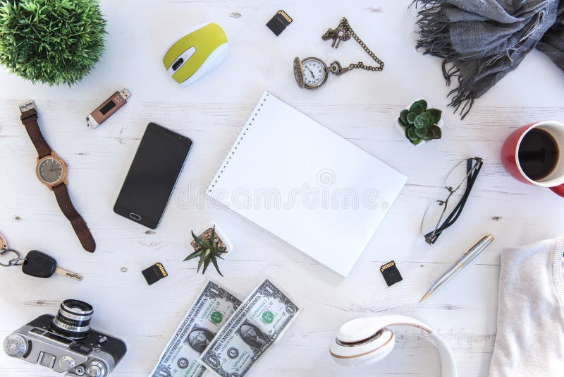 High Angle Shot of Items on a Table at an Office Workstation Stock ...