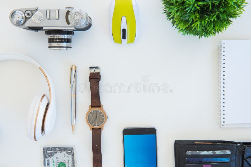 High Angle Shot of Items on a Table at an Office Workstation Stock ...