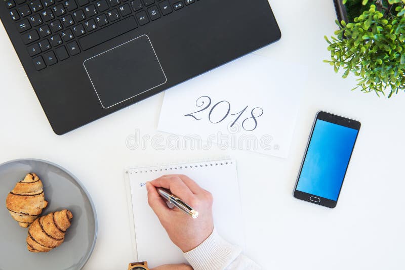 High Angle Shot of Items on a Table at an Office Workstation Stock ...