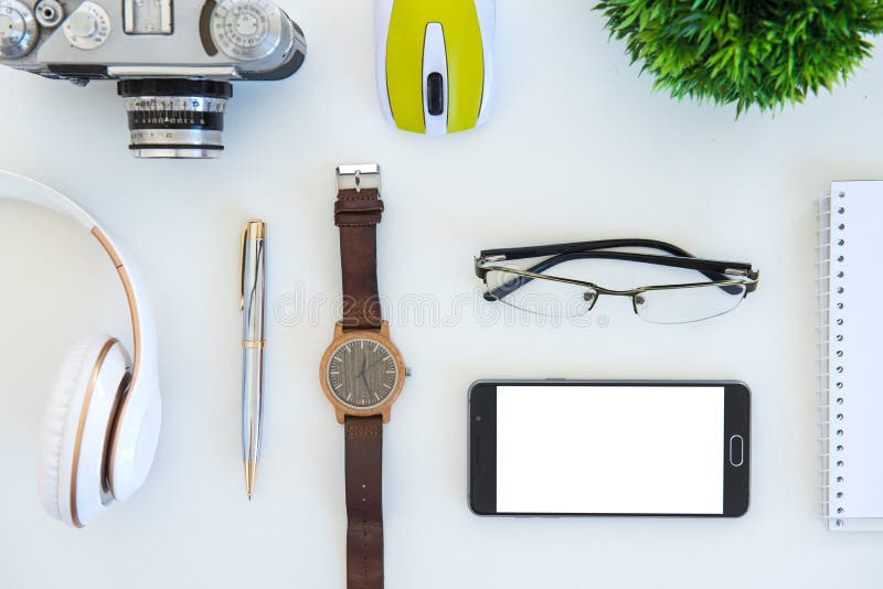 High Angle Shot of Items on a Table at an Office Workstation Stock ...