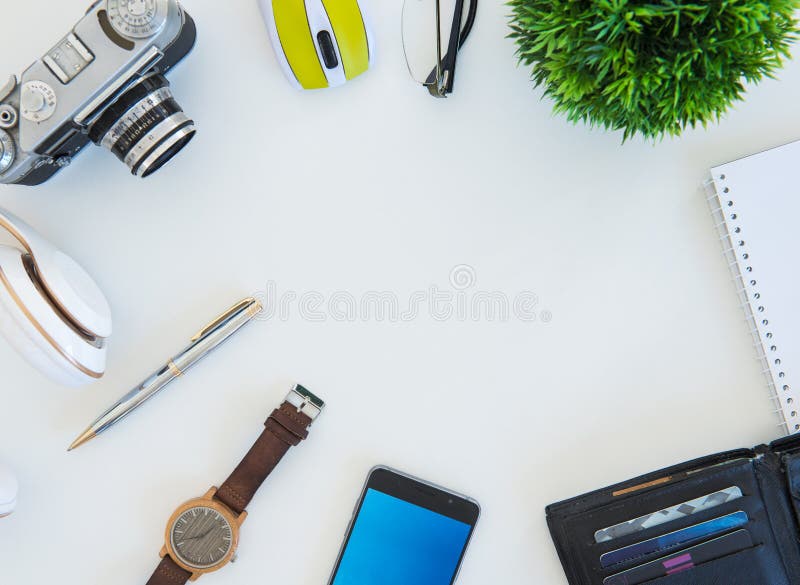 High Angle Shot of Items on a Table at an Office Workstation Stock ...