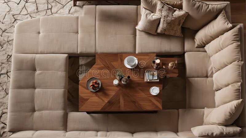 A High-angle Shot Looking Down on the Coffee Table and Sofa. Top View ...