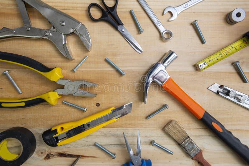 High Angle Shot of Many Working Instruments on a Wooden Surface Stock ...