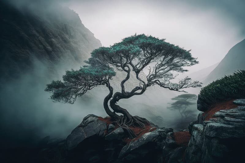 Mystical Tree, with Moon and Starry Sky Visible, Against a Dark Night ...
