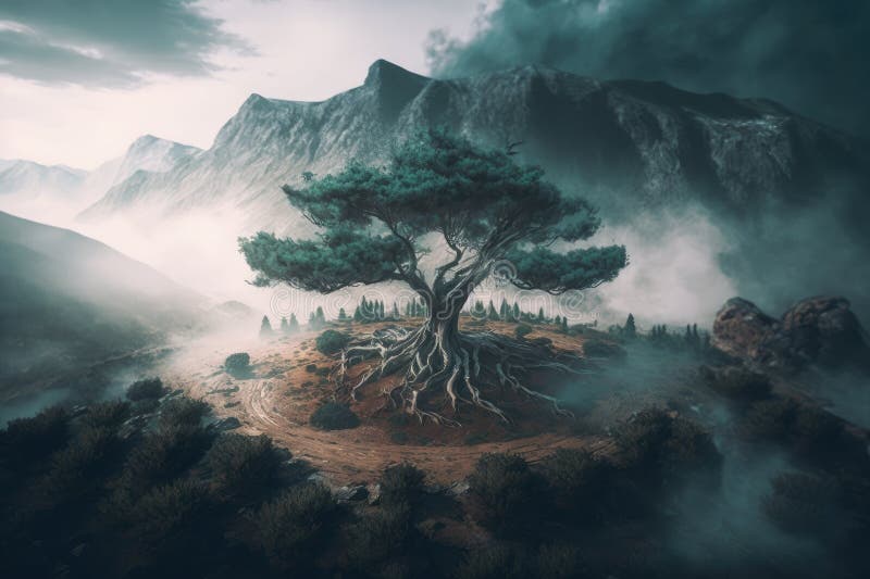 Mystical Tree, with Moon and Starry Sky Visible, Against a Dark Night ...