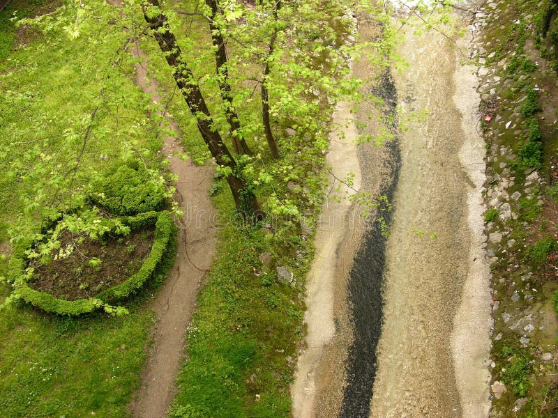 High Angle Shot of a Narrow Green Valley with a Mountain Stream Stock ...