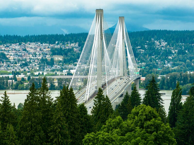 High-angle Shot of the Port Mann Bridge, Busy during the Day in Canada ...