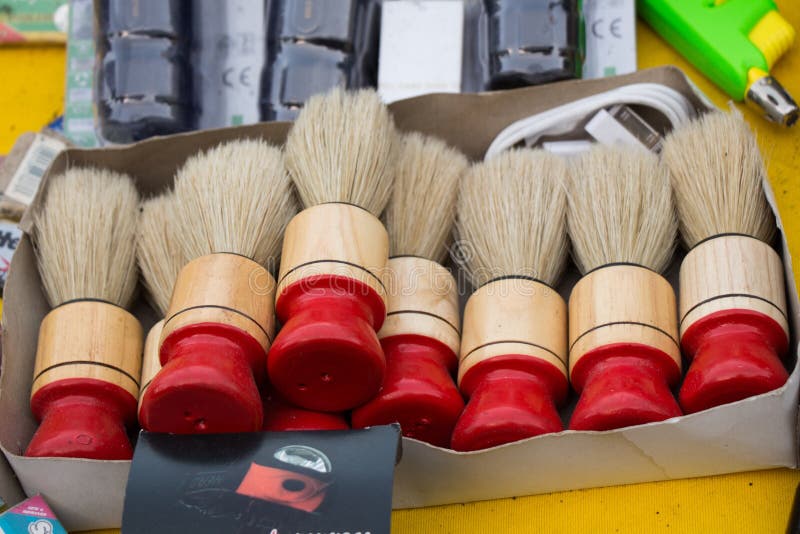 High Angle Shot of Red Shaving Brushes in a White Box Stock Image ...