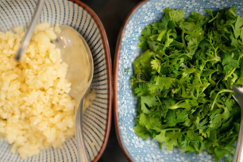 High Angle Shot of Rice and Leaf Vegetable Near Each Other in Different ...