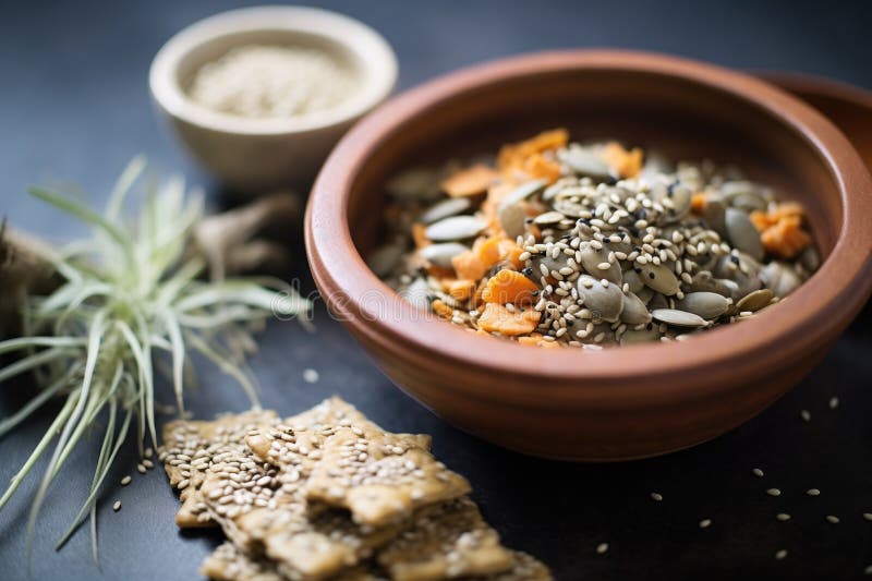 High Angle Shot of Seed Crackers in a Clay Dish Stock Photo - Image of ...