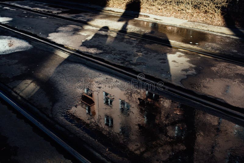 High Angle Shot of Shadows and Puddles on Tram Rails Stock Image ...