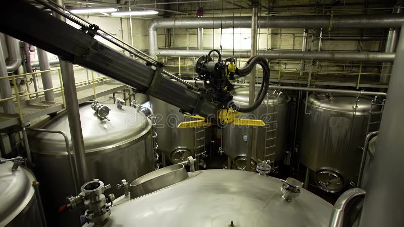 High Angle View of Stainless Steel Tanks with Robotic Arm and Intricate ...