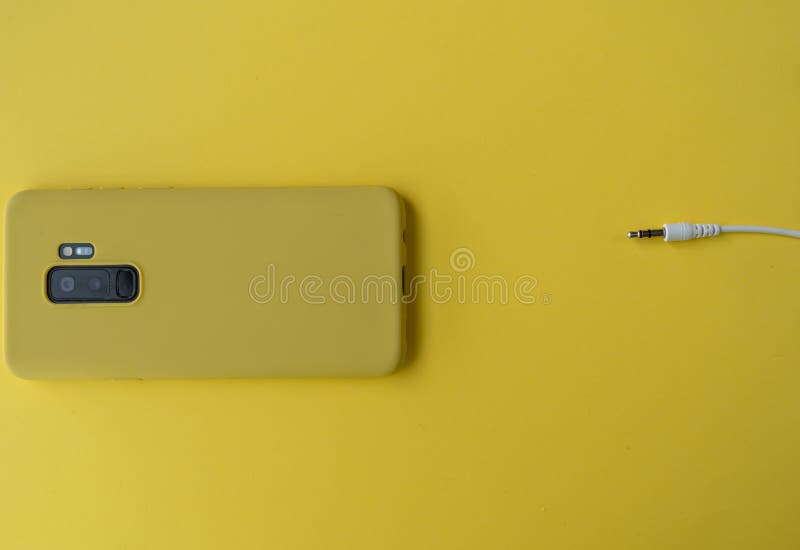 High Angle Shot Smartphone Yellow Case Power Connector Background Stock ...