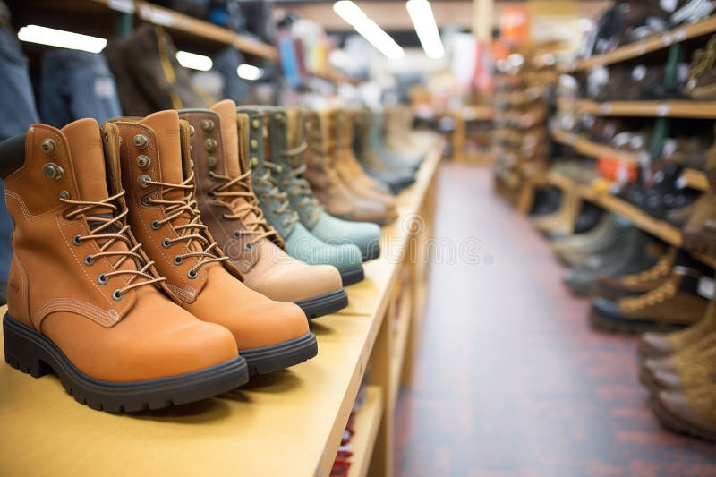 High Angle Shot of Steel-toed Boots Arranged in Rows at a Store Stock ...