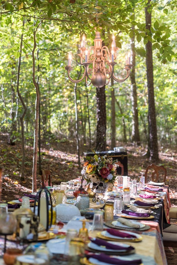 High Angle Shot of a Table with an Elegant Setting on the Forest Stock ...