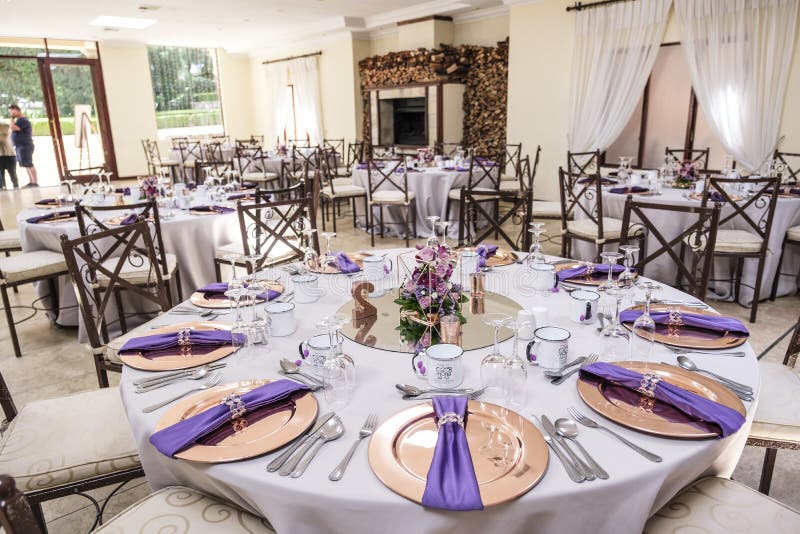 High Angle Shot of the Tables with Elegant Decorations in an Event Hall ...