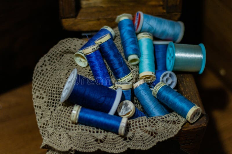 High Angle Shot of the Threads with the Different Shades of Blue Stock ...