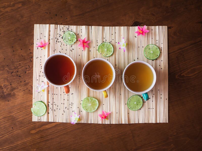 High Angle Shot of Three Different Shades of Hot Tea in the Cup Stock ...